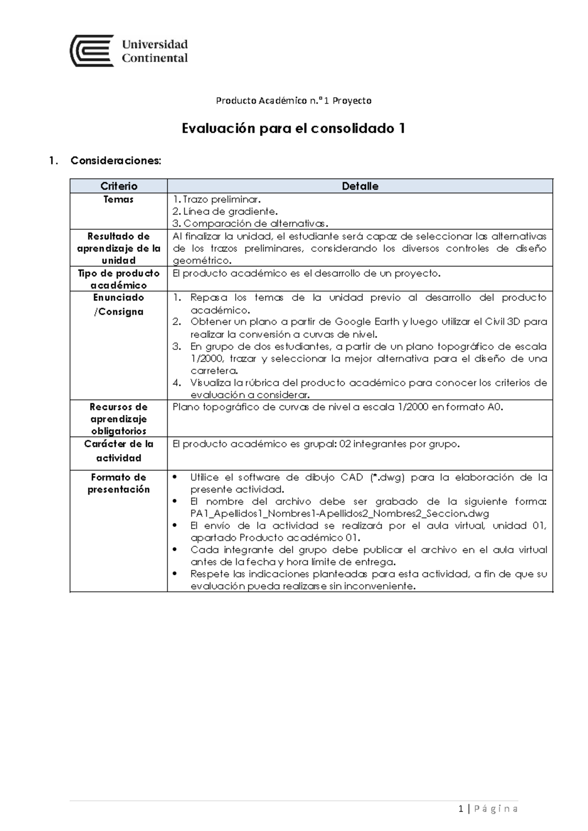 PA01 Caminos 1 - Producto Académico n.° 1 Proyecto Evaluación para el consolidado 1 1. - Studocu