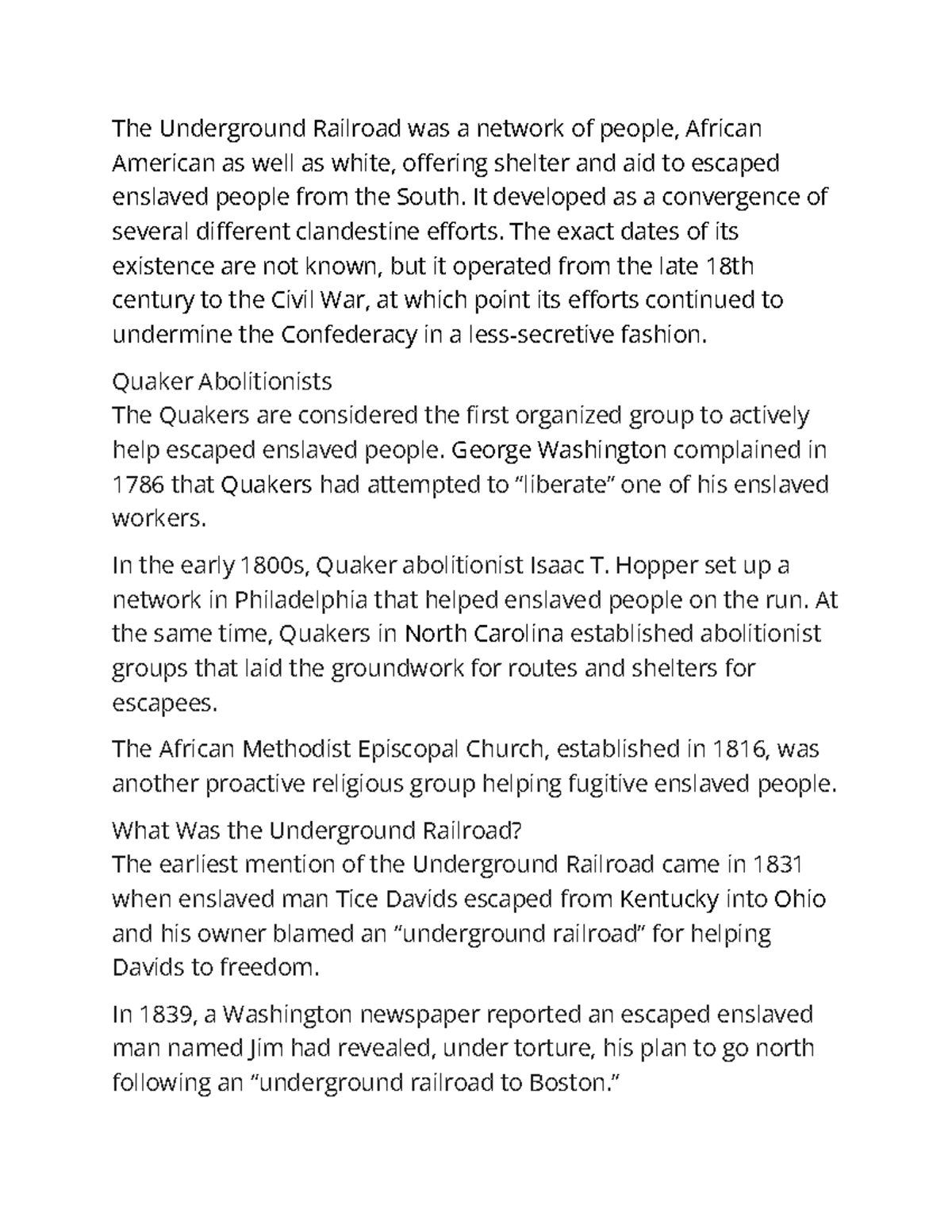 Underground Railroad - Lecture Notes - The Underground Railroad was a ...
