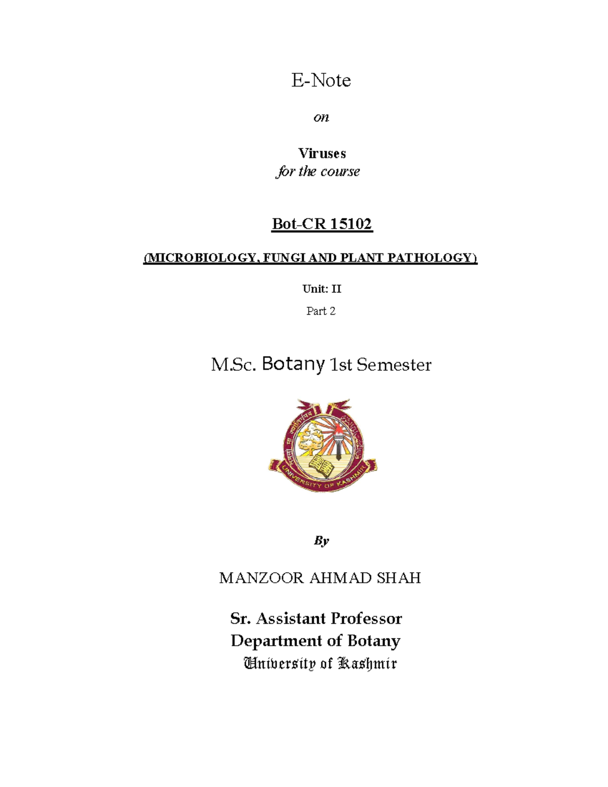 M.Sc. Botany 1st Semester Viruses part 2 - E-Note on Viruses for the ...