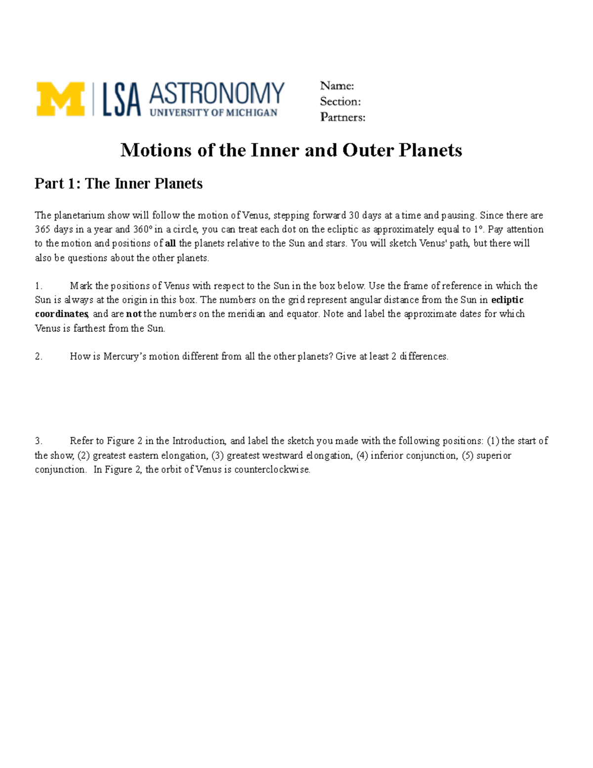 Planets Activity - Motions of the Inner and Outer Planets Part 1: The ...