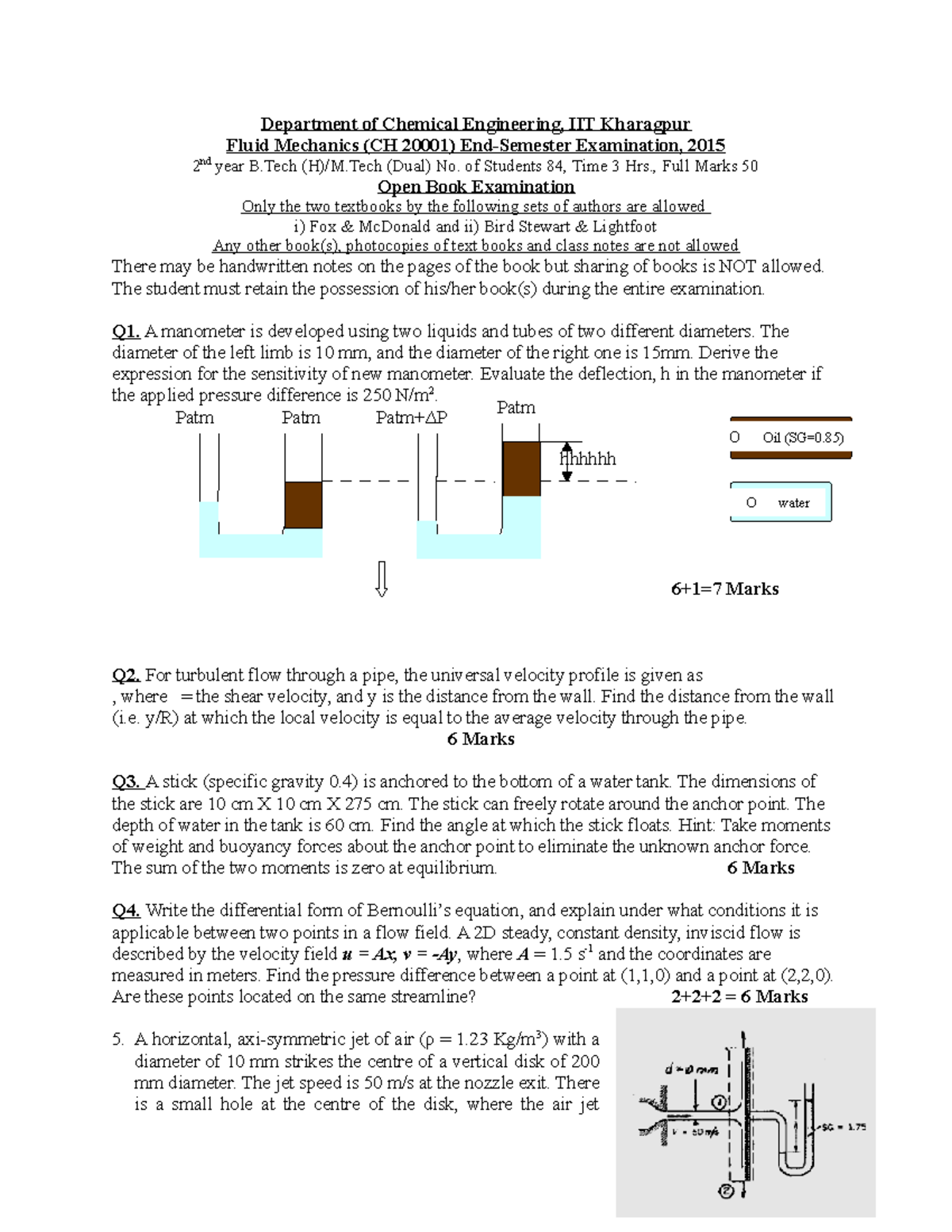 ES2015 - MID SEM QUESTIONS - Patm Patm Patm+∆P Patm hhhhhh O Oil (SG=0 ...