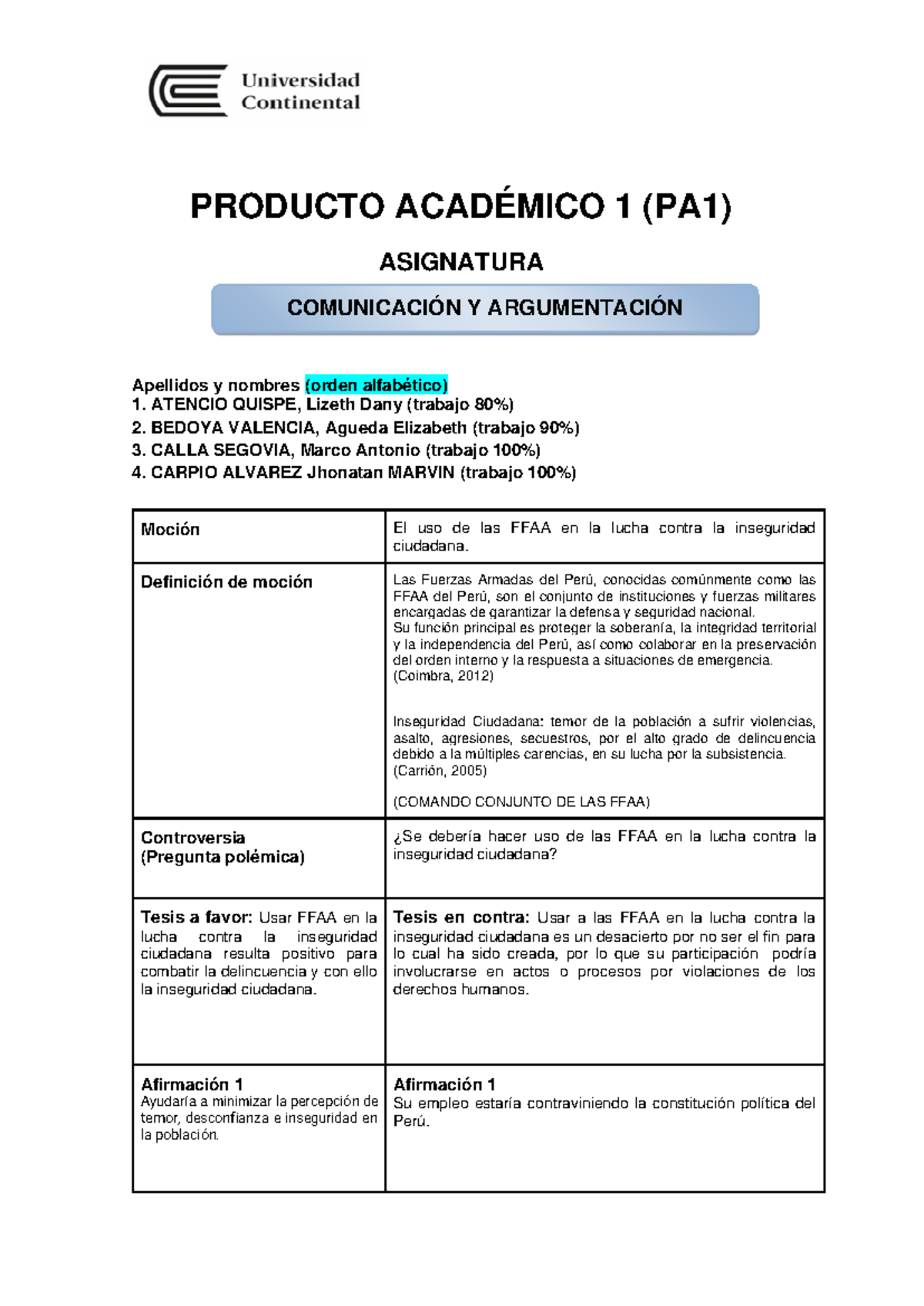 PA01 Comunicacion Y Argumentacion - PRODUCTO ACADÉMICO 1 (PA1) ASIGNATURA Apellidos y nombres ...
