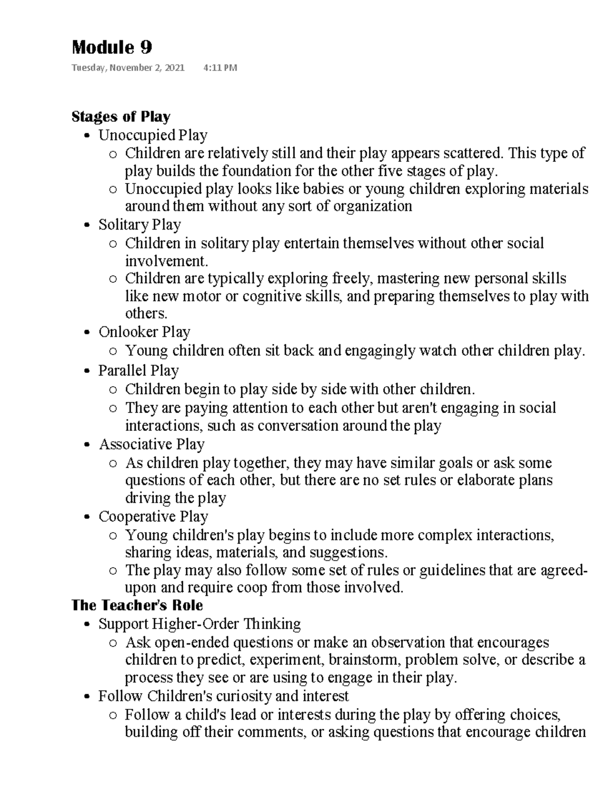 EDIS 3040 Module 9 - Teacher Kathy Neesen - Stages of Play Unoccupied ...