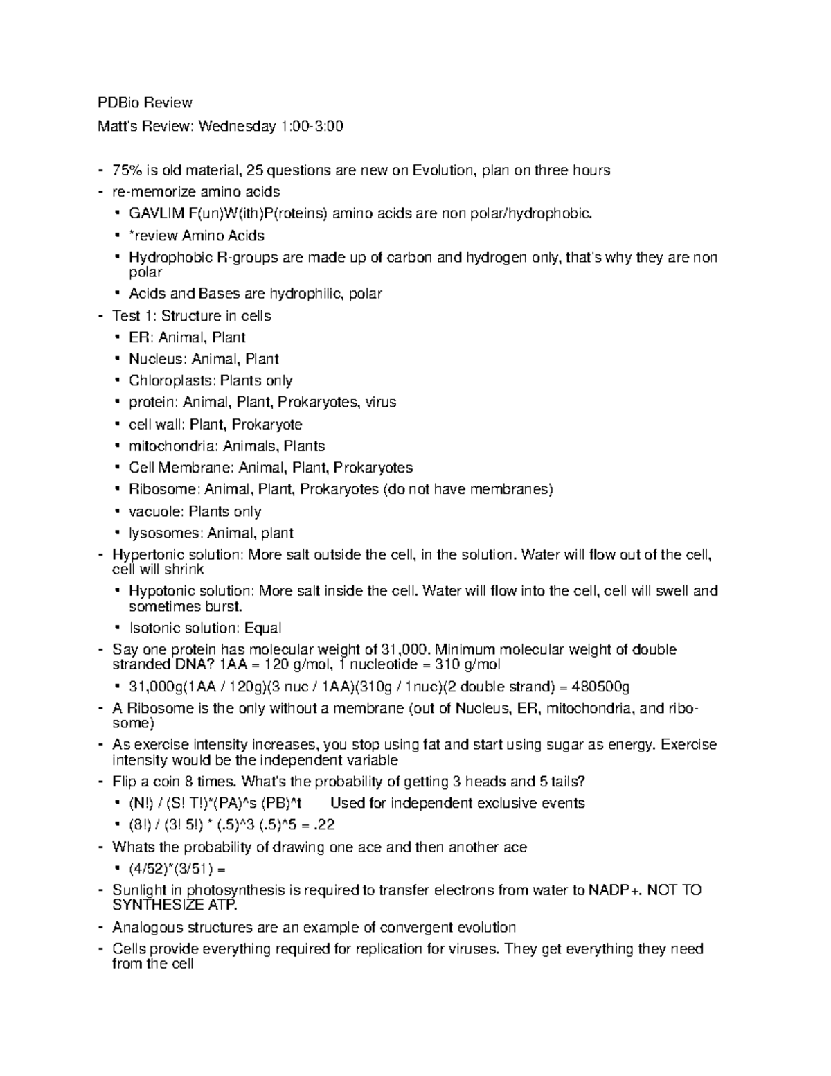 PDBio Final Exam Review - PDBio Review Matt’s Review: Wednesday 1:00-3 ...