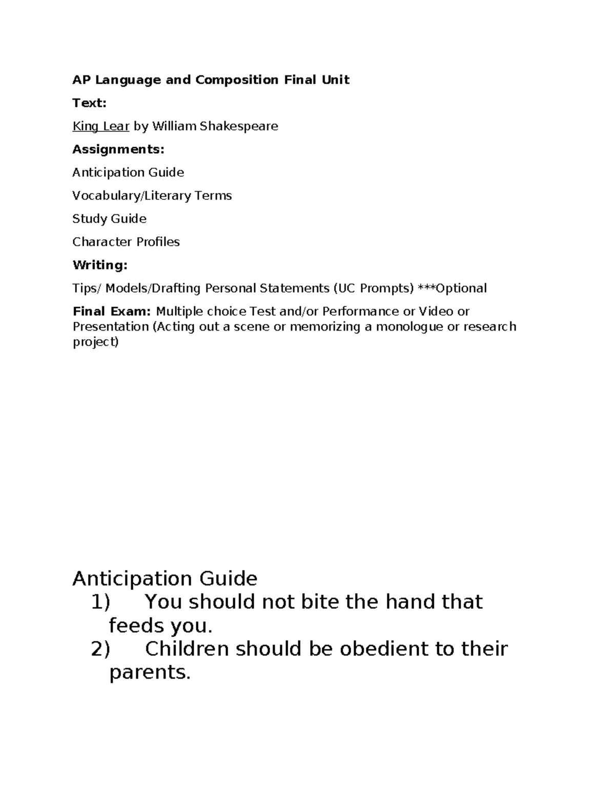 King lear unit - Practice - AP Language and Composition Final Unit Text ...