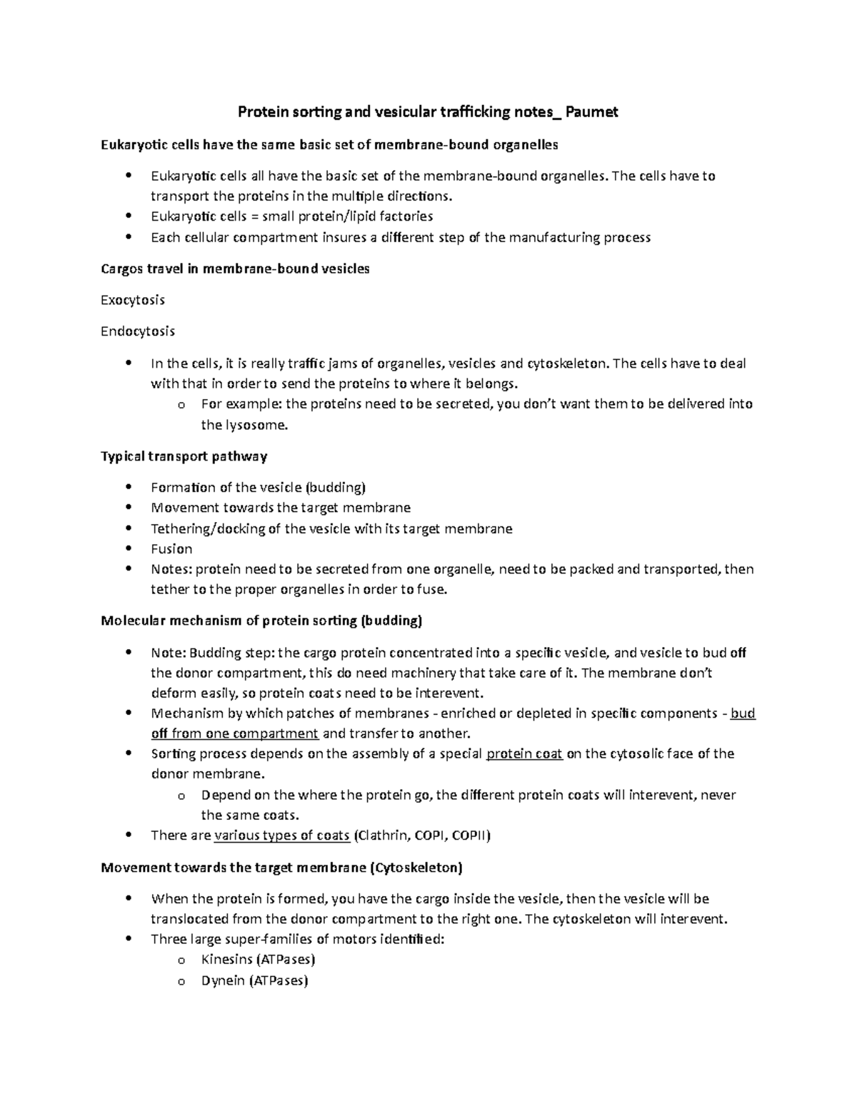 Protein sorting and vesicular trafficking notes - The cells have to ...