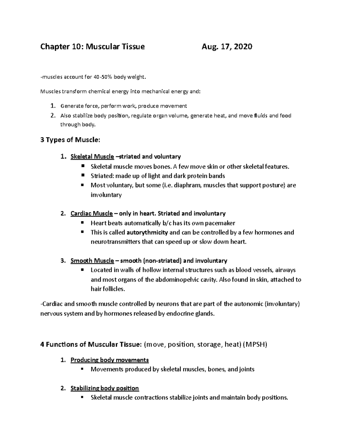 Notes Chapter 10 Muscular tissue - Chapter 10: Muscular Tissue Aug. 17 ...