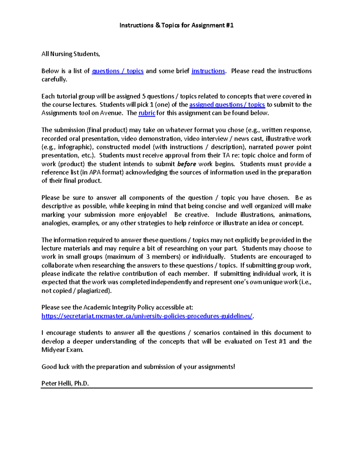 Assignment #1 - Instructions & Topics 2023 - Instructions & Topics for Assignment # All Nursing ...