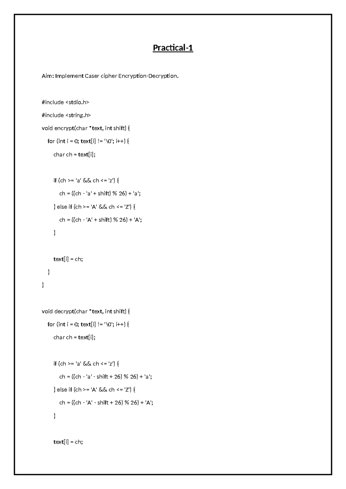 Practical-1 - Practical - Practical- Aim: Implement Caser cipher Encryption-Decryption. #include ...
