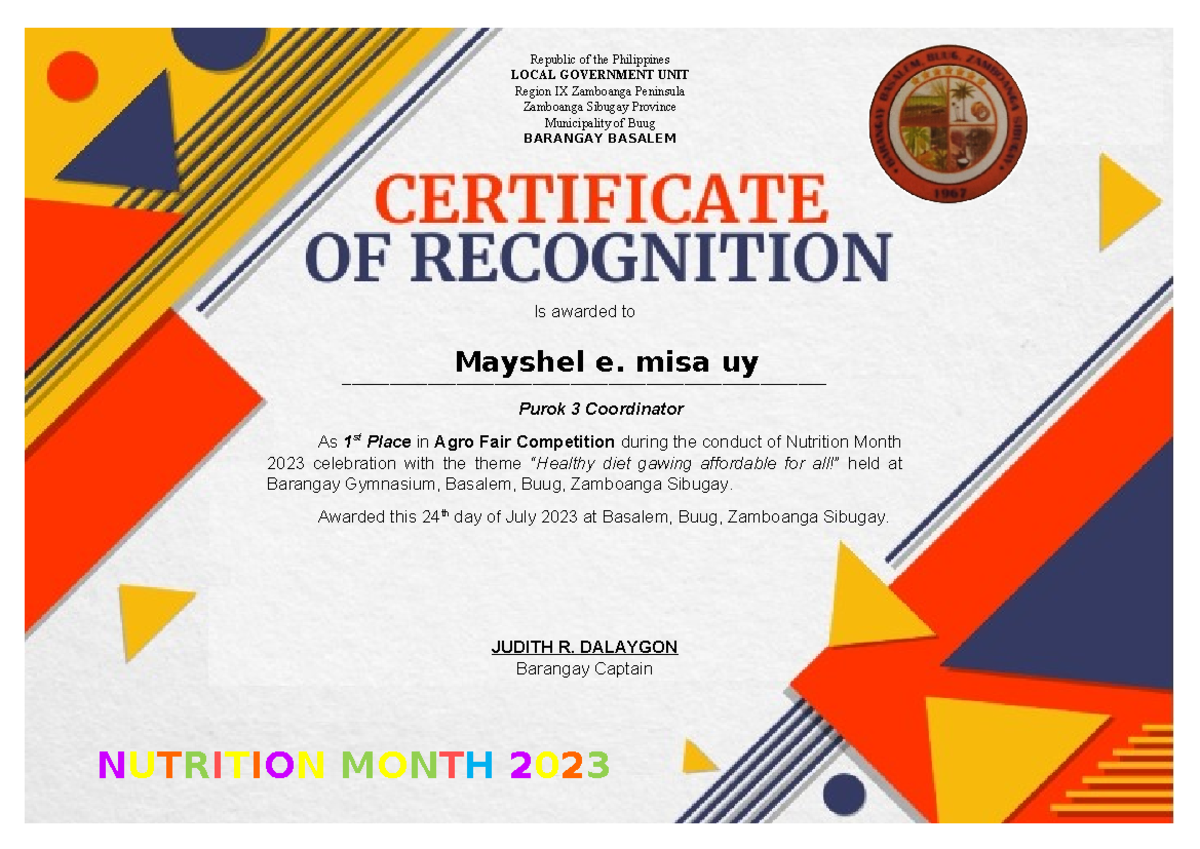 Certificate of recognition sample - Republic of the Philippines LOCAL ...