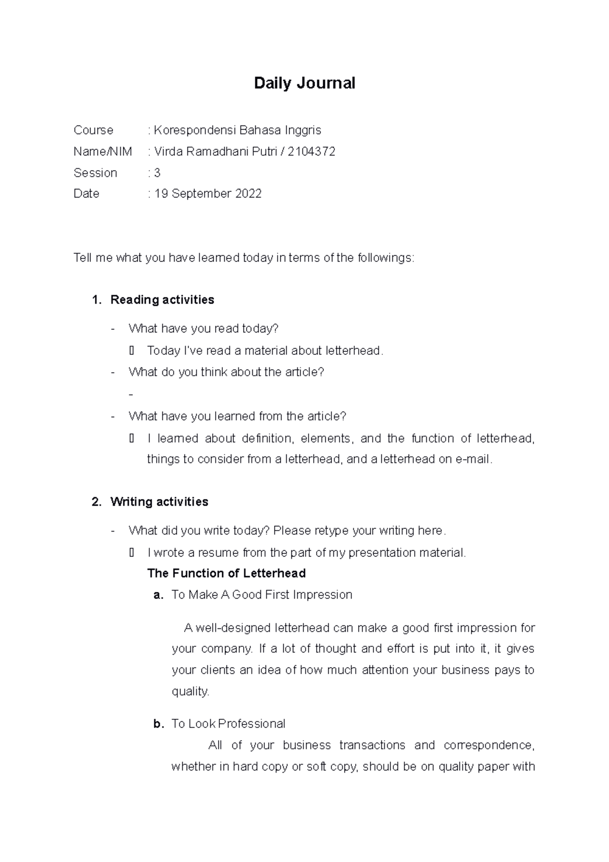 Daily journal at English Course to reflect student's understanding ...