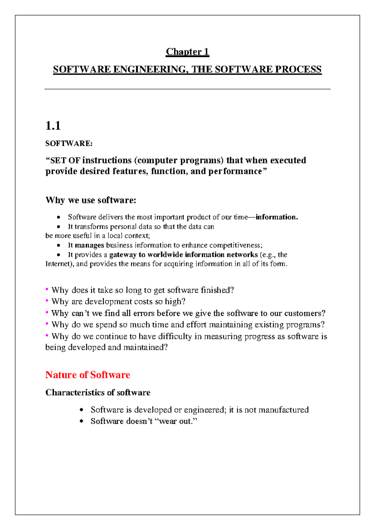 Software Engineering - Chapter 1 SOFTWARE ENGINEERING, THE SOFTWARE PROCESS 1. SOFTWARE: “SET OF ...