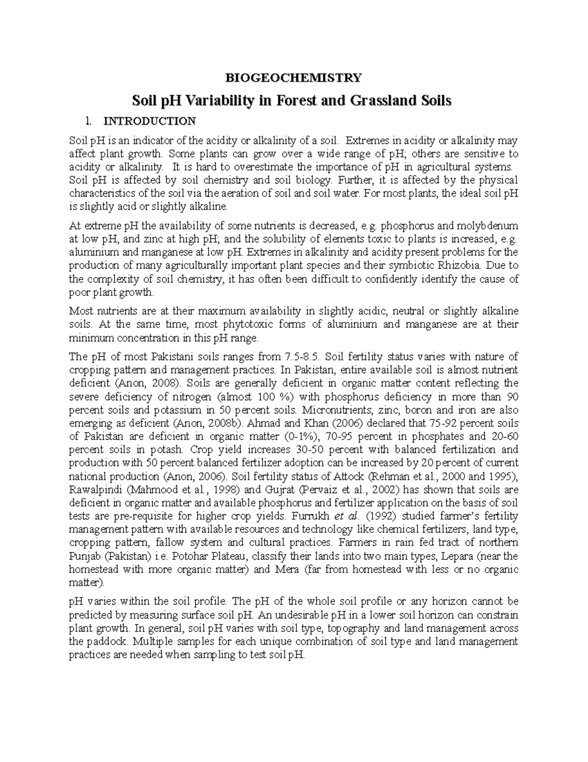 Project report - BIOGEOCHEMISTRY Soil pH Variability in Forest and ...