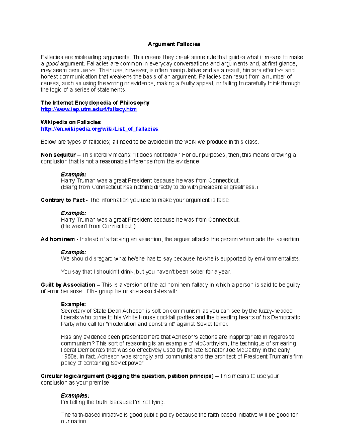 Argument,fallacies - Practice guide for argument fallacies in final ...