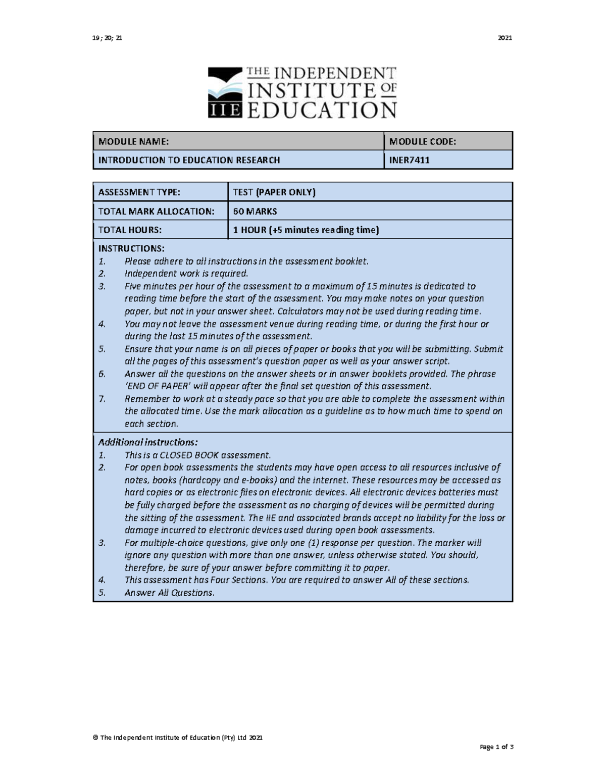 INER7411 T1a SDT1 S1 - 19; 20; 21 2021 © The Independent Institute of Education (Pty) Ltd 2021 ...