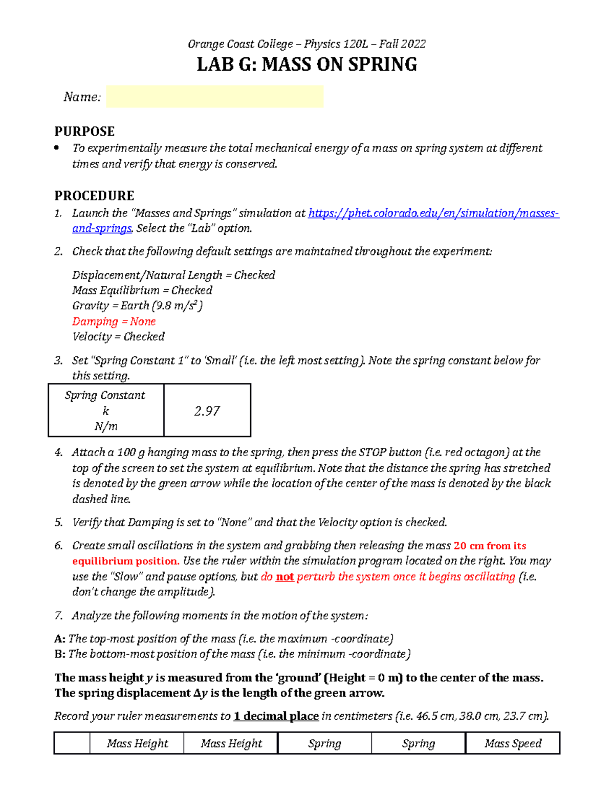120L F22 - Lab G - Mass on Spring - Orange Coast College – Physics 120L ...