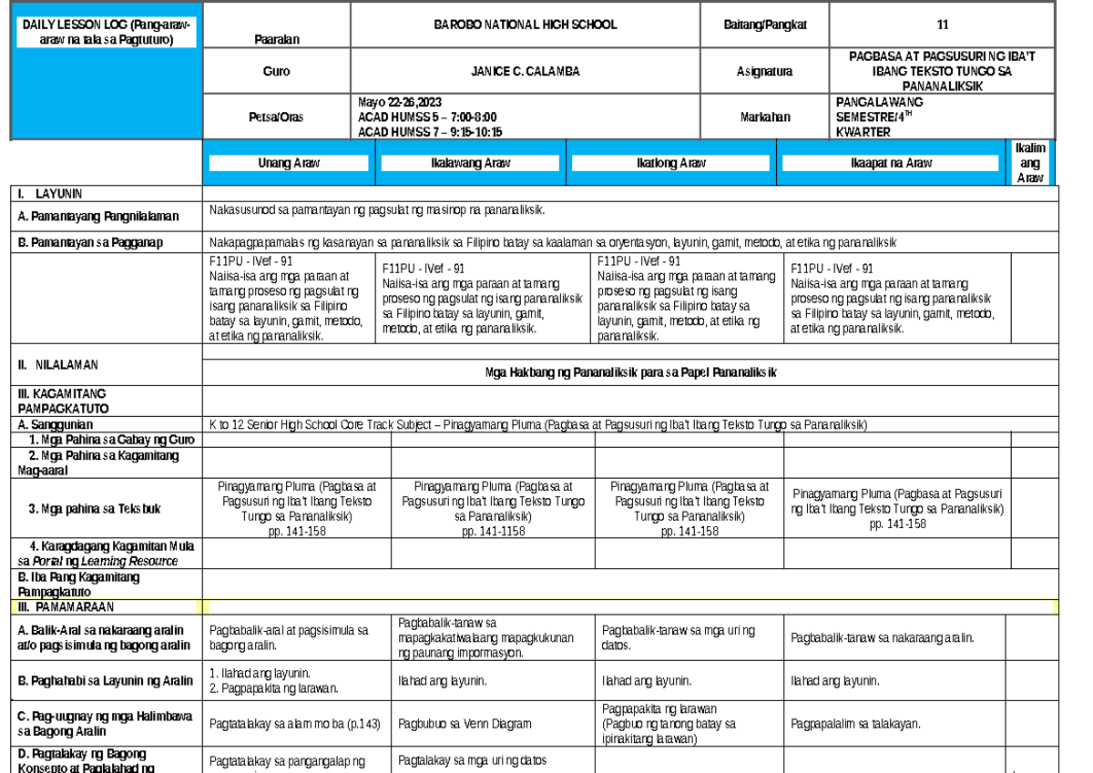 Kasanayan 3-1 - DLL sa Pagbasa at Pagsusuri - DAILY LESSON LOG (Pang ...
