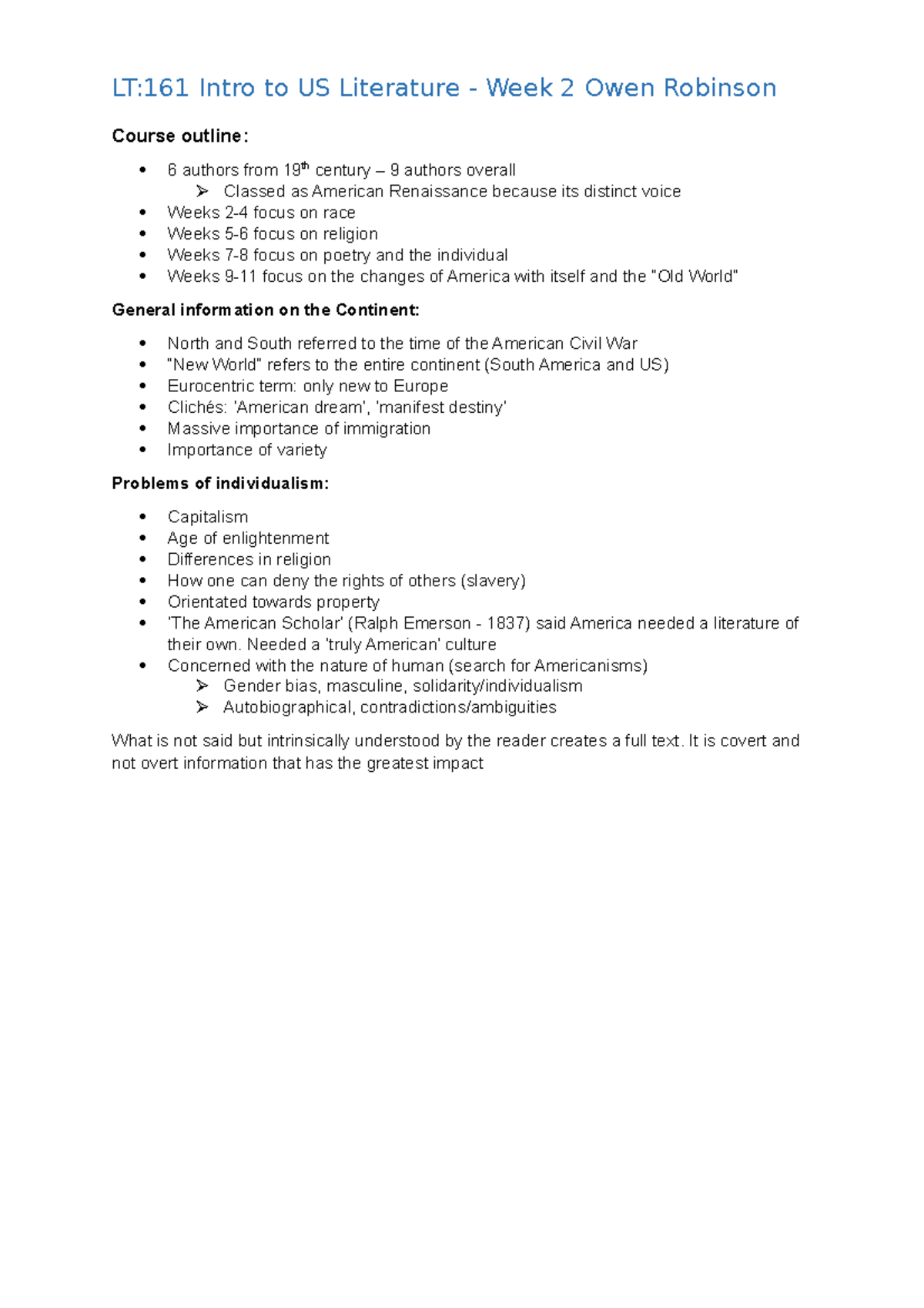 LT161 - Week 2 Lecture - All the notes from US Literature week 2 - LT ...