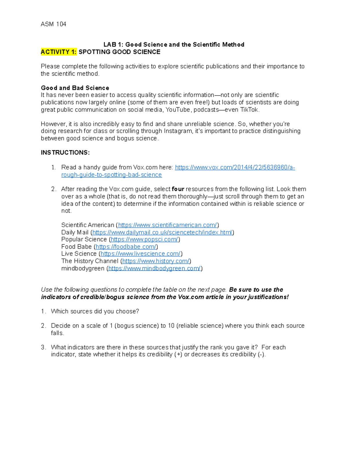 Unit 1 - Lab 1.2 Spotting Good Science Sci Method - LAB 1: Good Science ...