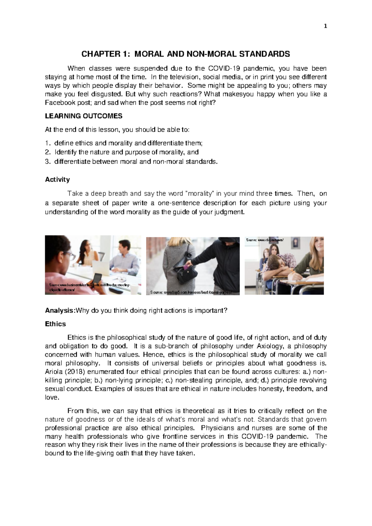 Handouts-Ethics - CHAPTER 1: MORAL AND NON-MORAL STANDARDS When classes ...