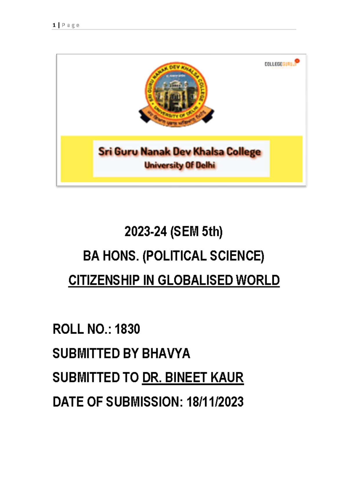 Assignment ON Citizenship IN Globalised World - 2023 - 24 (SEM 5th) BA ...