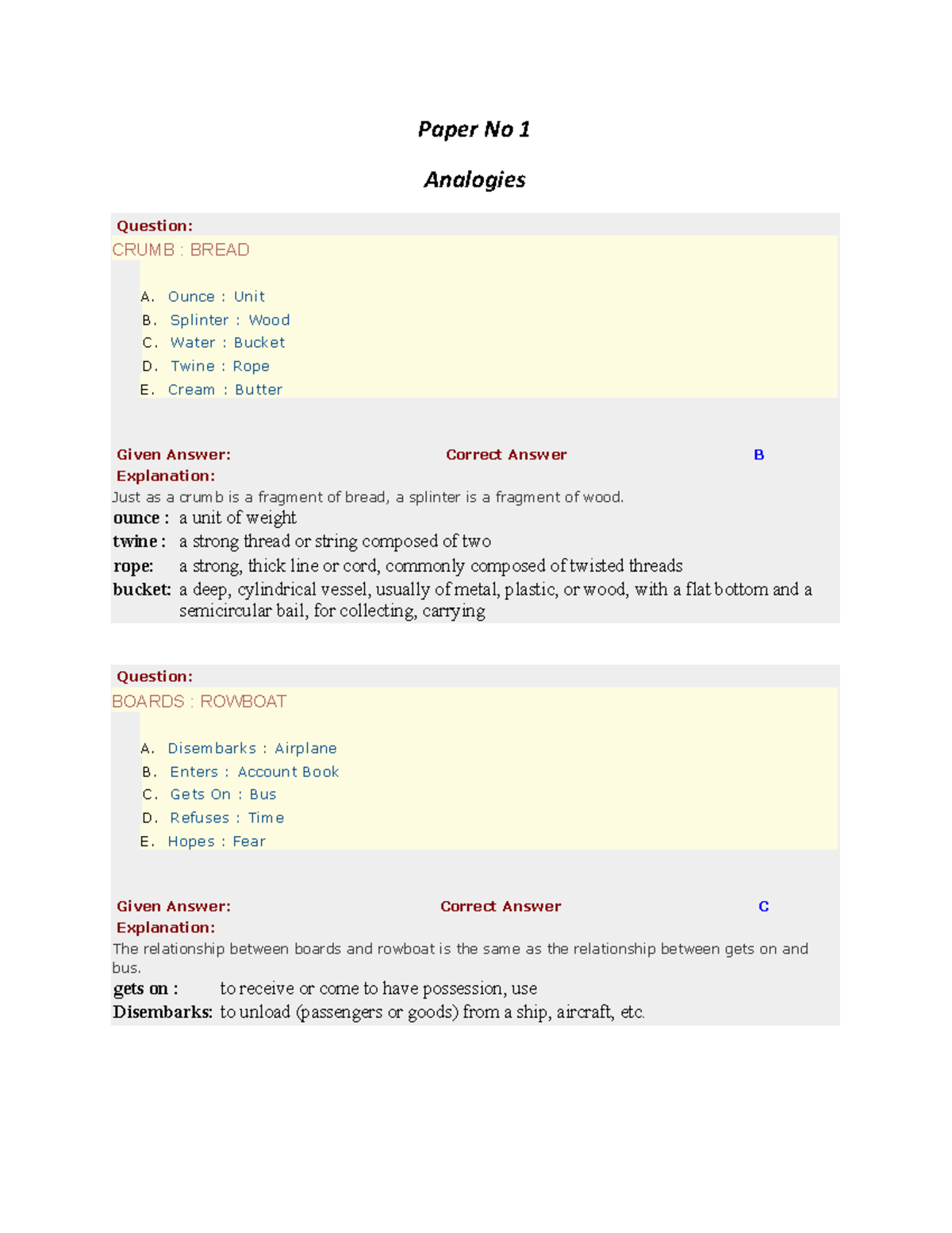 Analogies, Synonyms, Antonyms and Sentence Completeion Paper 1 - Paper ...