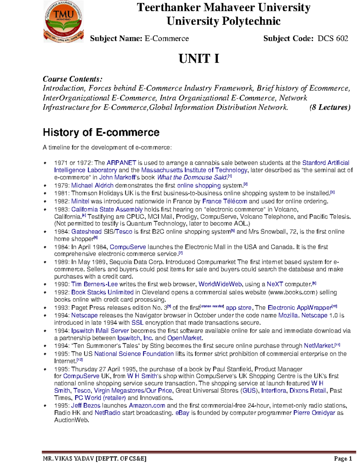UNIT I - btbtb - University Polytechnic Subject Name: E-Commerce ...