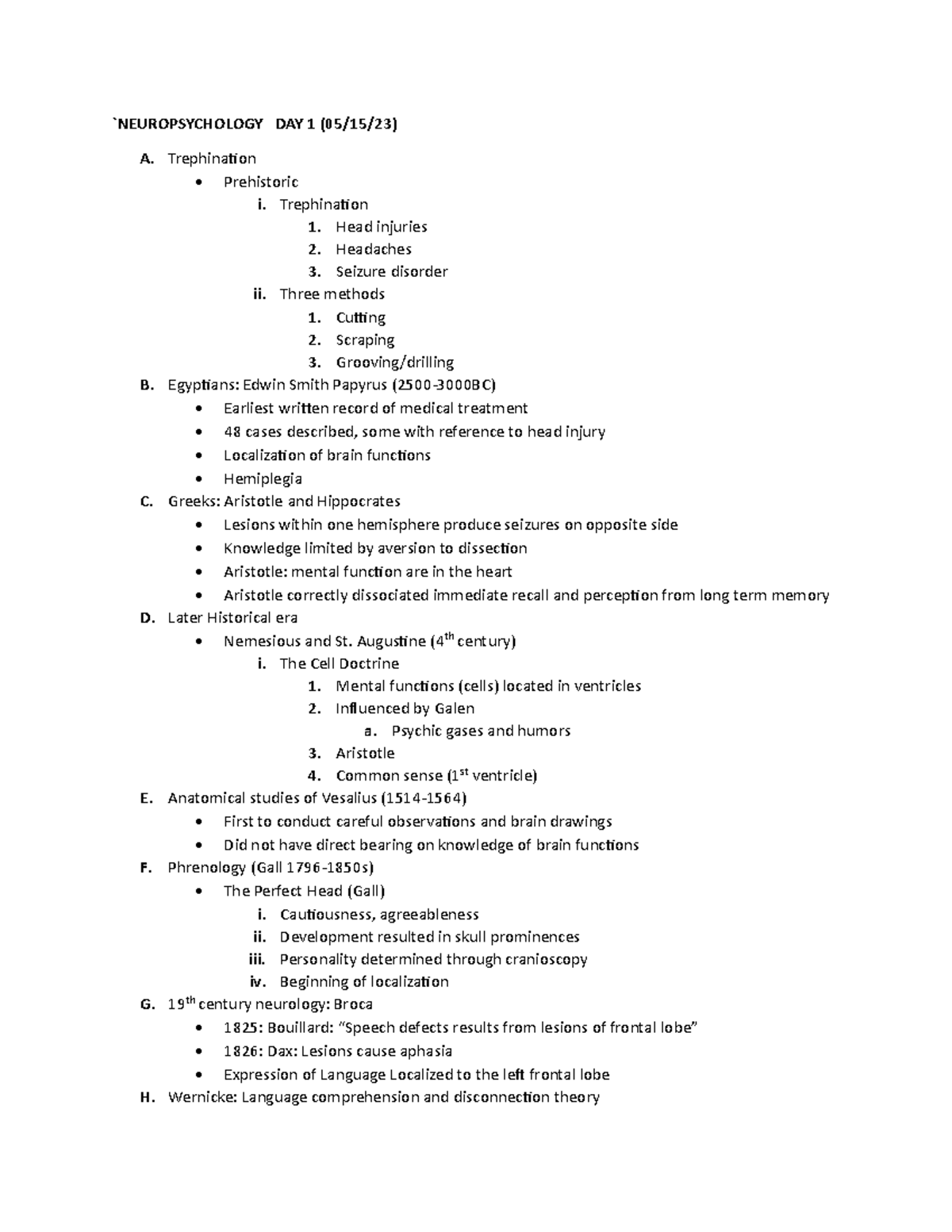 Neuropsychology 1 - notes - `NEUROPSYCHOLOGY DAY 1 (05/15/23) A ...