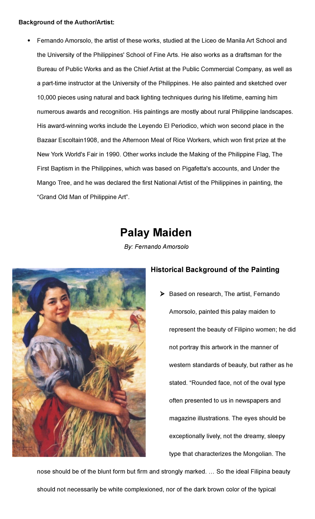Fernando Amorsolo Artworks Analysis final - Background of the Author ...