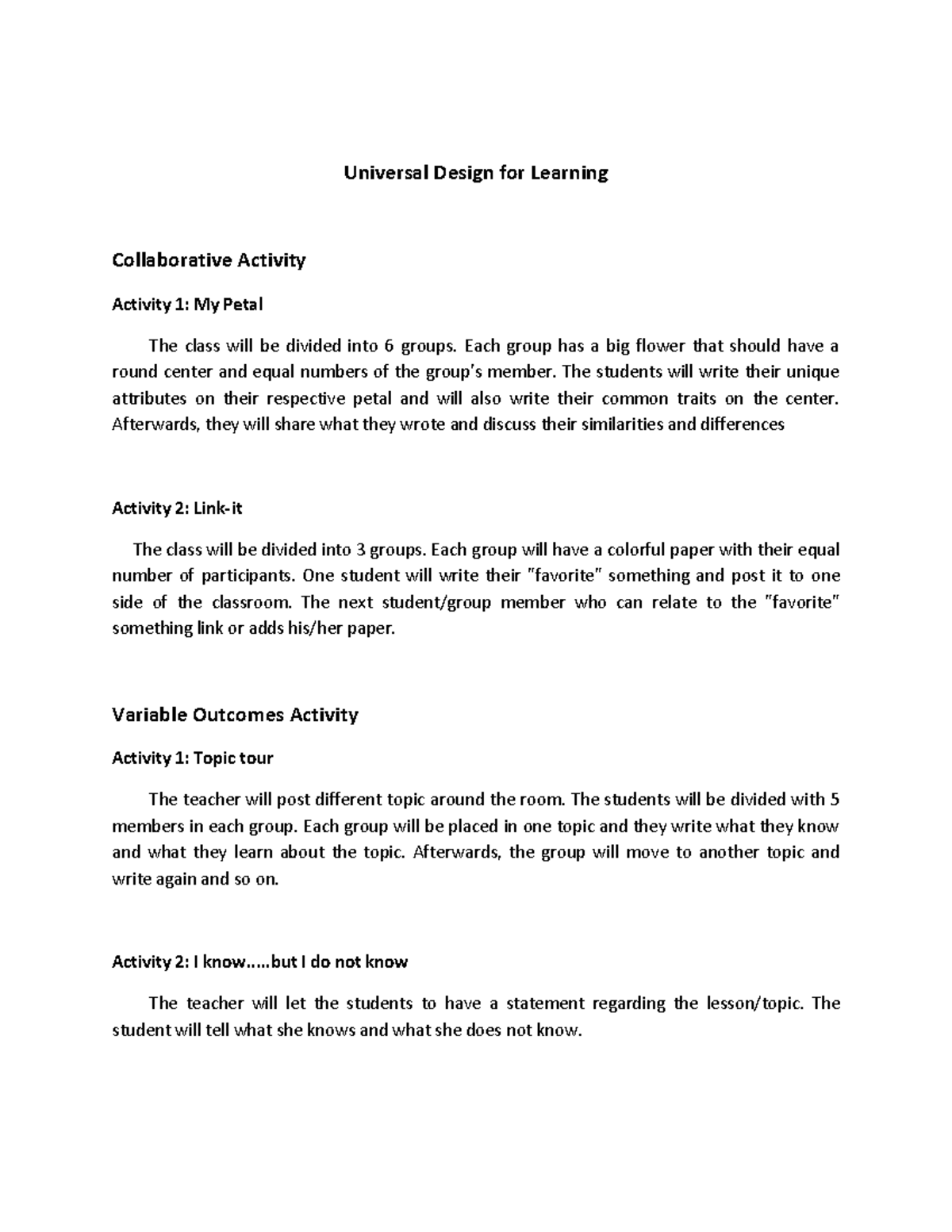 Collaborative, Variable Outcomes and Verbal Support Activity (UDL) - Universal Design for ...