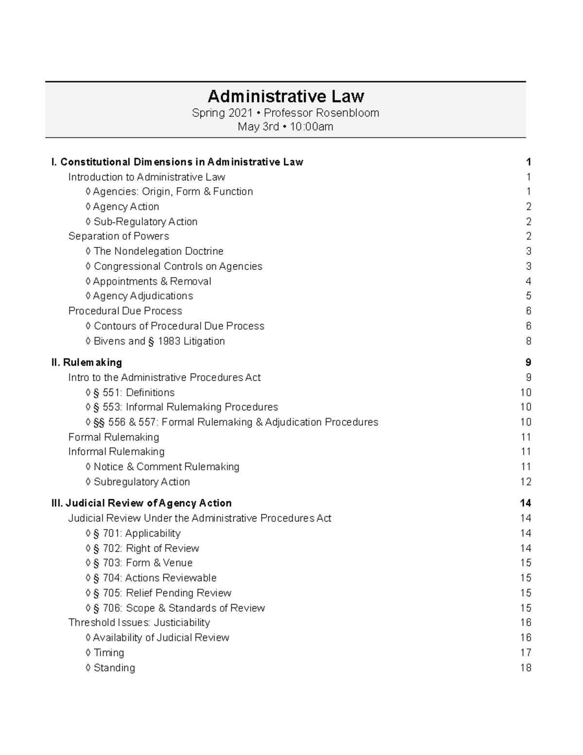 Admin Outline Spring 2021 - Administrative Law Spring 2021 • Professor ...