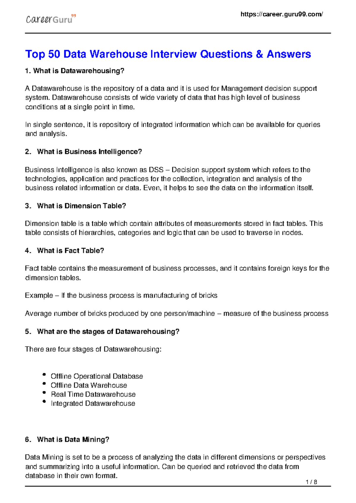 50 DWH Q&A - DWH summary - Top 50 Data Warehouse Interview Questions & Answers What is - Studocu