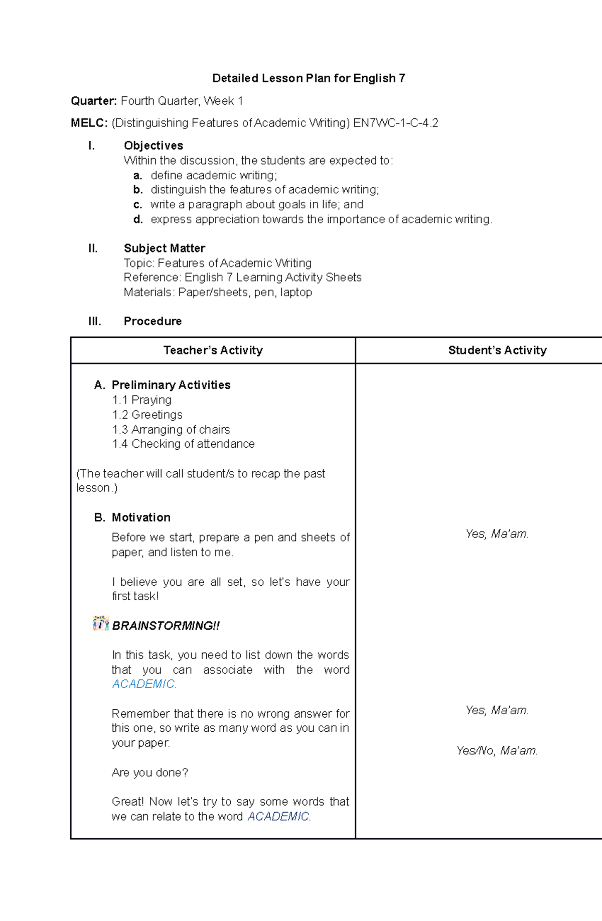 LP for English 7 - For info - Detailed Lesson Plan for English 7 ...