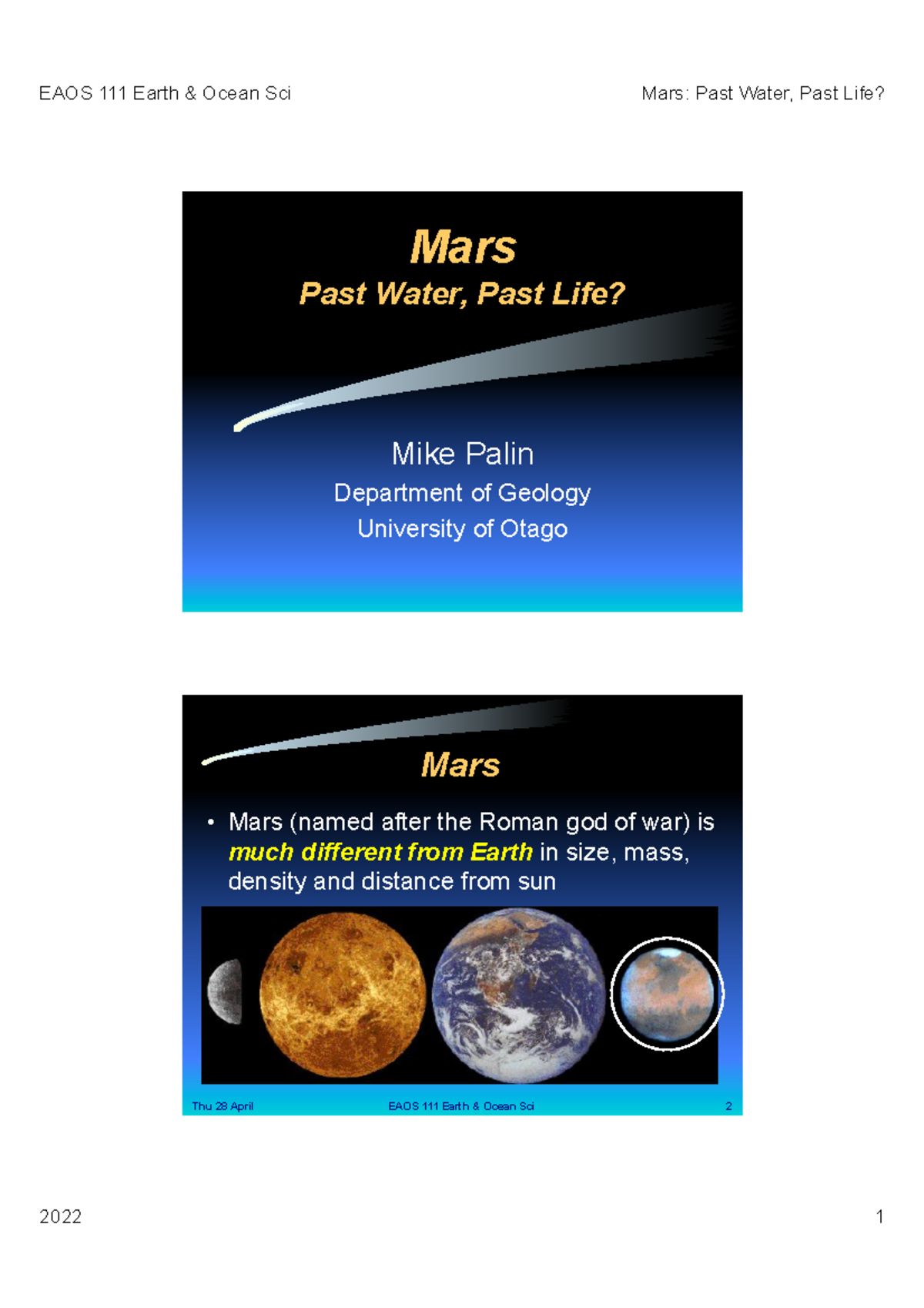 3 Mars 22(notes) - Mars Past Water, Past Life? Mike Palin Department of ...