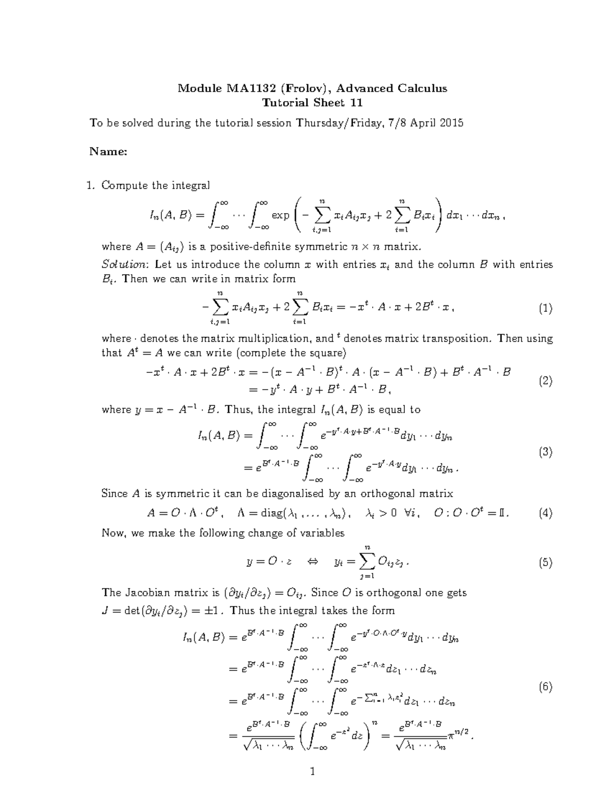 MA1132 2015-2016 Tutorial Sheet 11 - Solutions - Module MA1132 (Frolov), Advanced Calculus ...