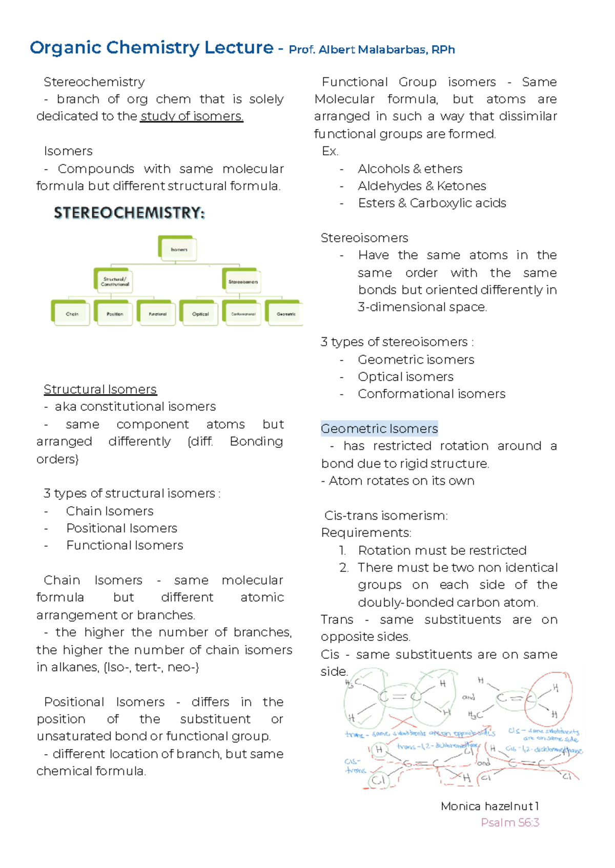 Stereochemistry Midterm - Organic Chemistry Lecture - Prof. Albert ...