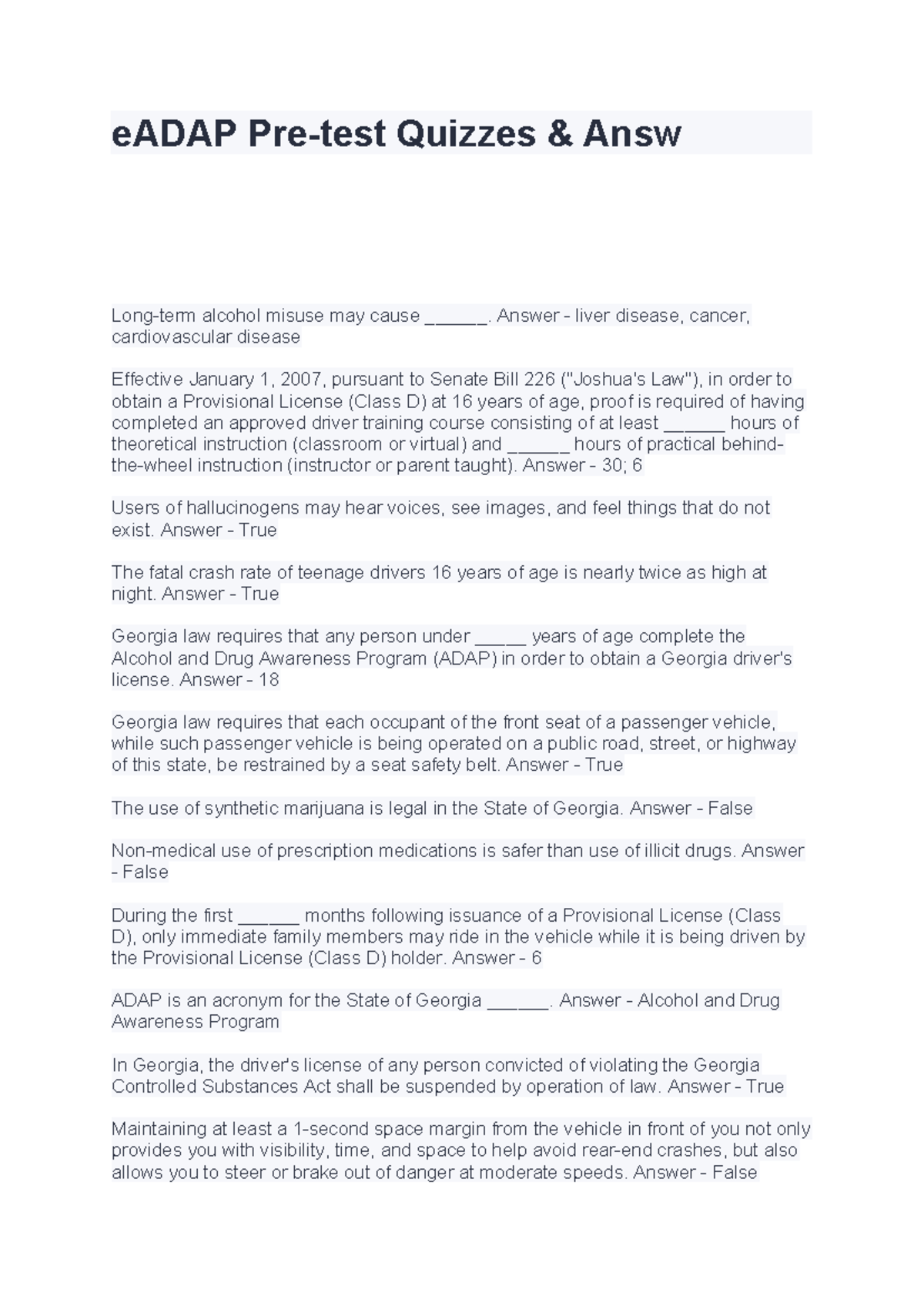 E ADAP Pre-test Quizzes & Answ - eADAP Pre-test Quizzes & Answ Long ...