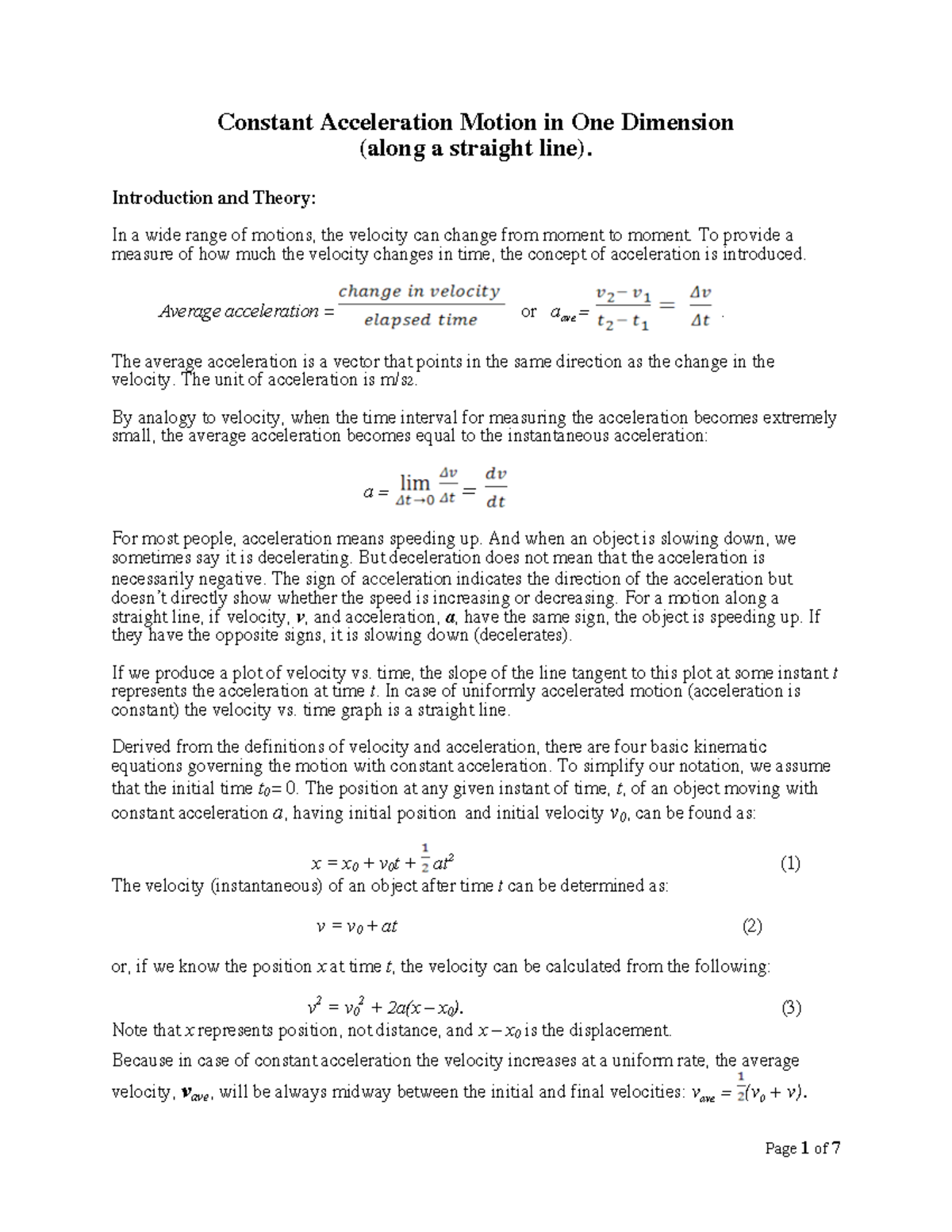 Attachment 1 - Javahabs - Constant Acceleration Motion in One Dimension ...