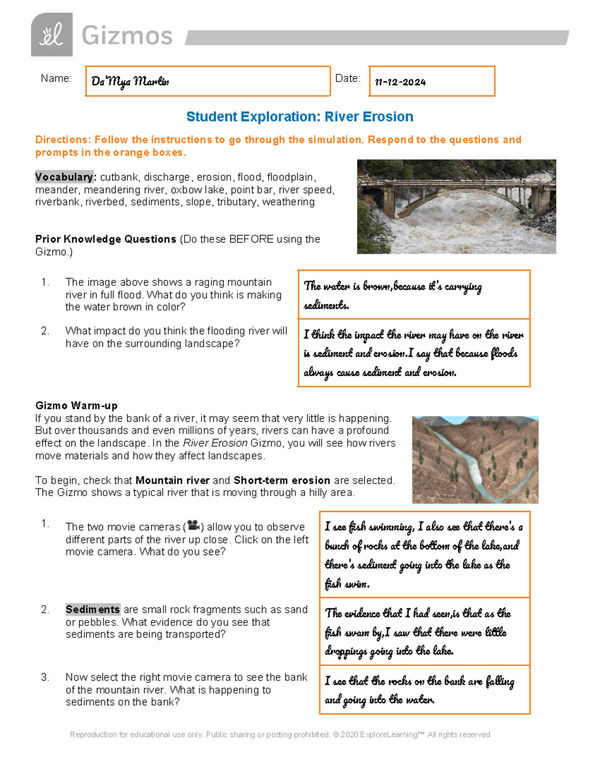 Copy of River Erosion SE - Name: Da’Mya Martin Date: 11–12- Student ...