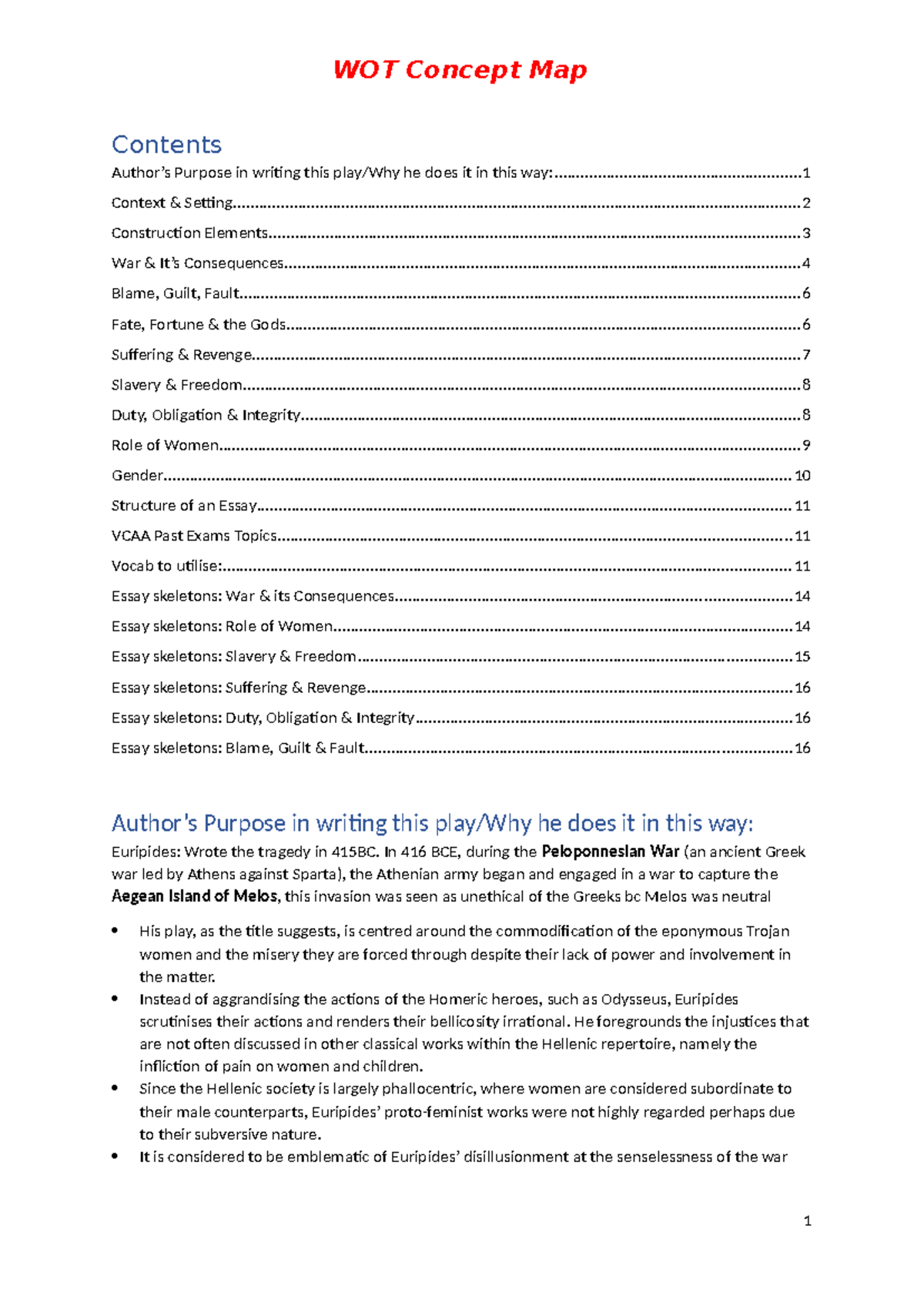 Women of Troy Concept Map - Contents Author’s Purpose in writing this ...