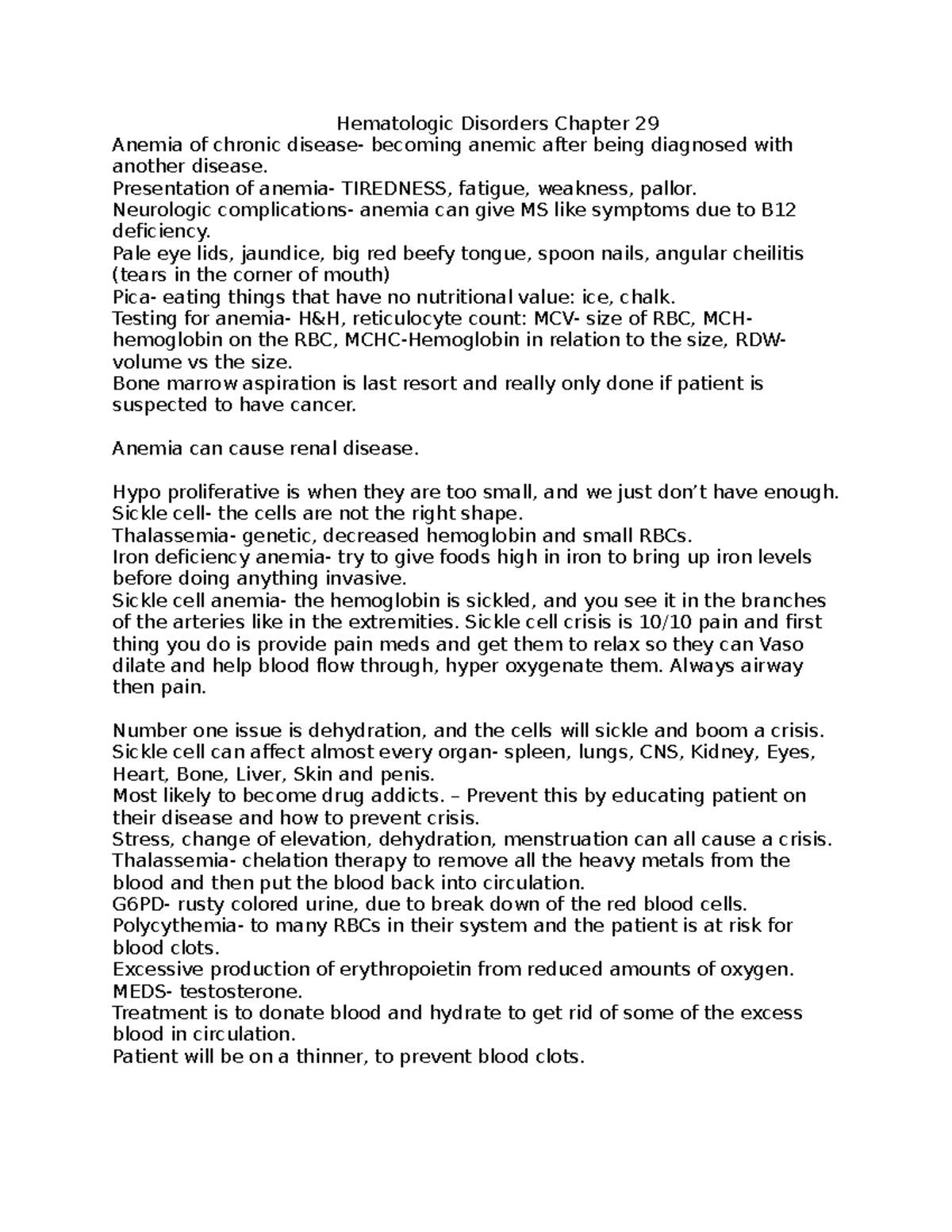 Hematologic Disorders Chapter 29 - Presentation of anemia- TIREDNESS ...