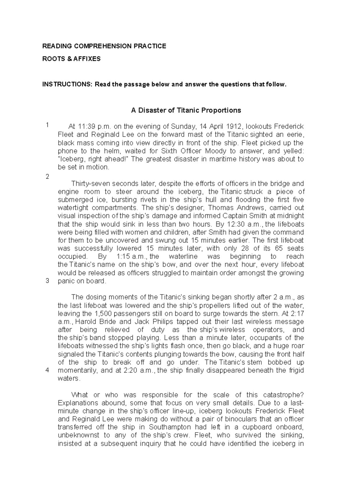 Roots & Affixes Comprehension Exercise - READING COMPREHENSION PRACTICE ...