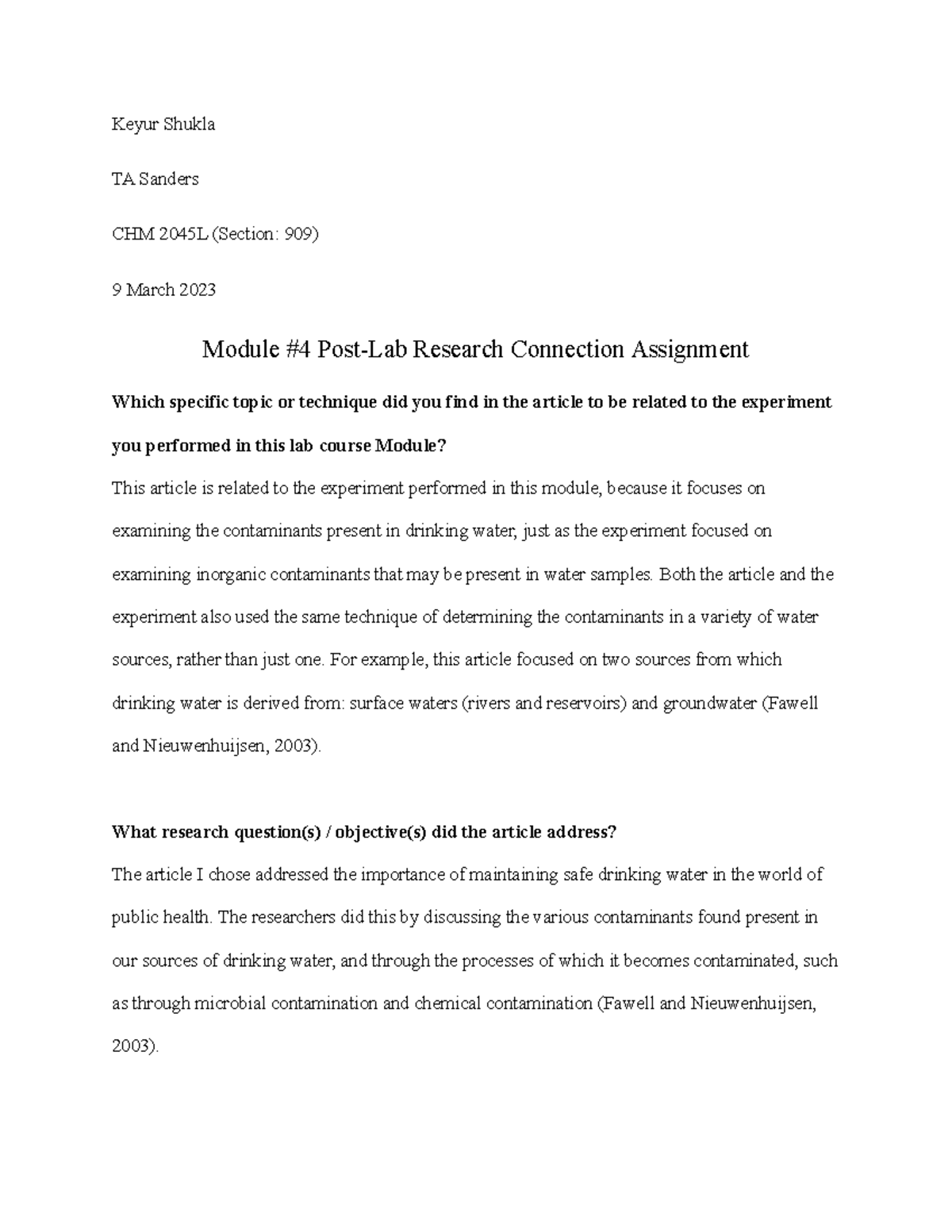 Module #4 Post-Lab Research Connection Assignment - Keyur Shukla TA Sanders CHM 2045L (Section ...