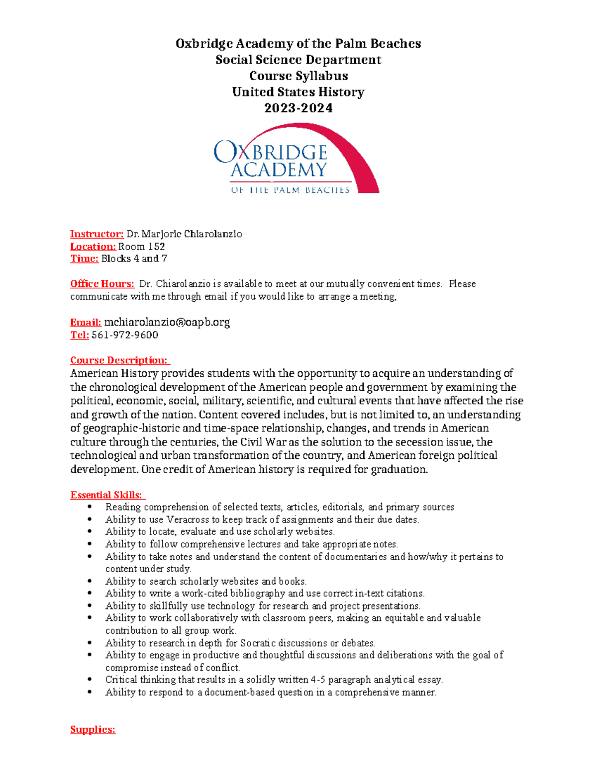 Us history syllabus 2023-2024[95] - Oxbridge Academy of the Palm ...