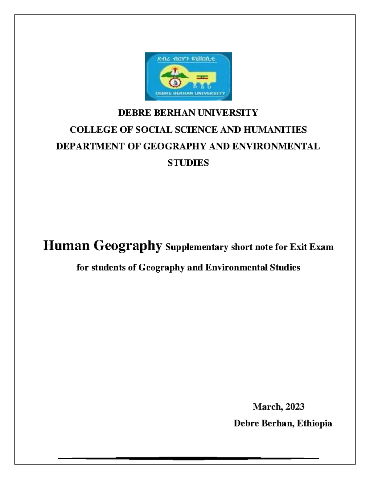 Human Geography Exit Exam -Reading Material - DEBRE BERHAN UNIVERSITY ...