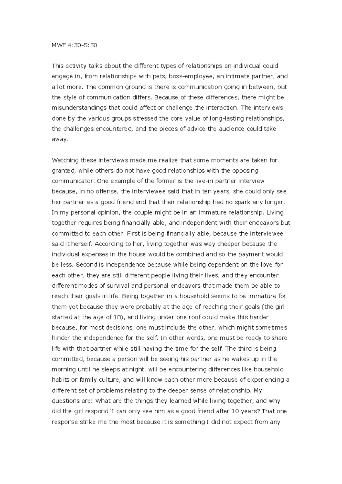 Types of relationship interview - MWF 4:30-5: This activity talks about ...