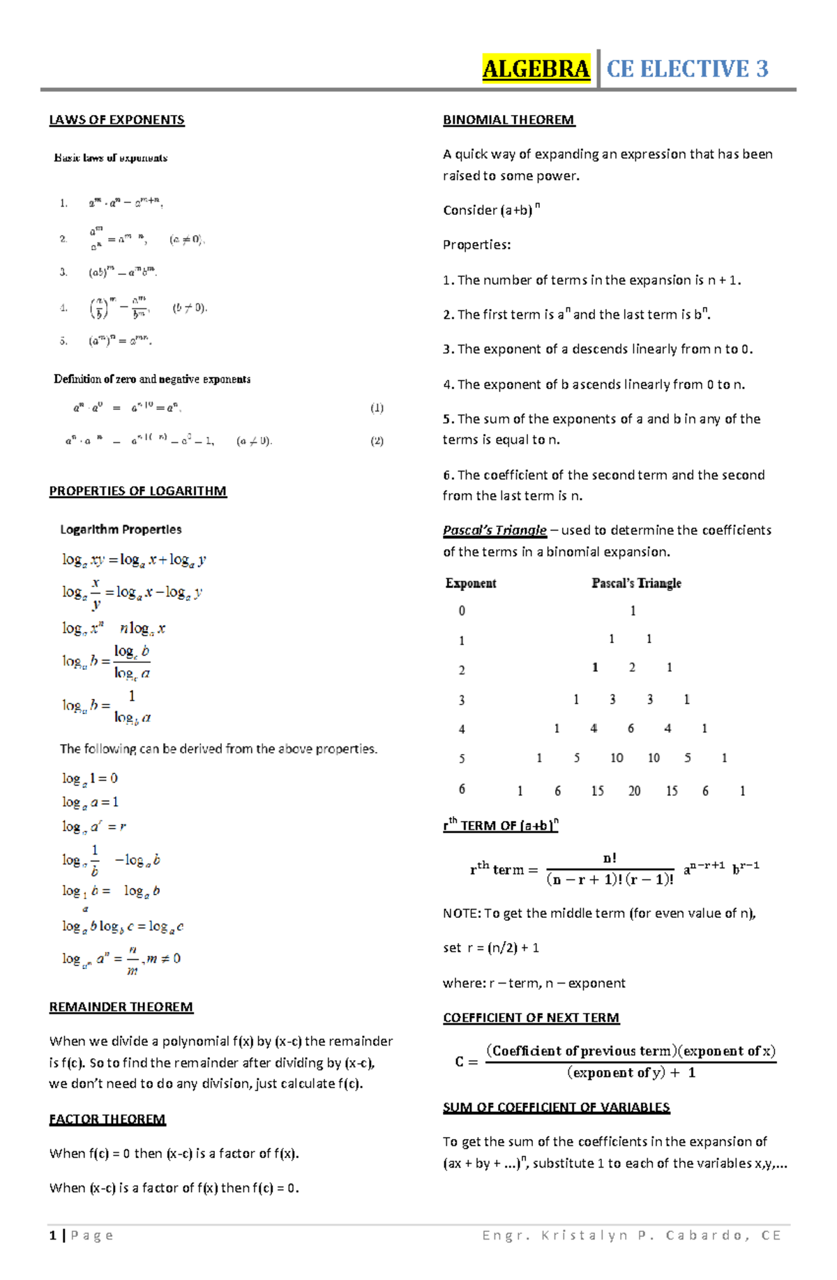 1 Algebra - Subject books - LAWS OF EXPONENTS PROPERTIES OF LOGARITHM ...