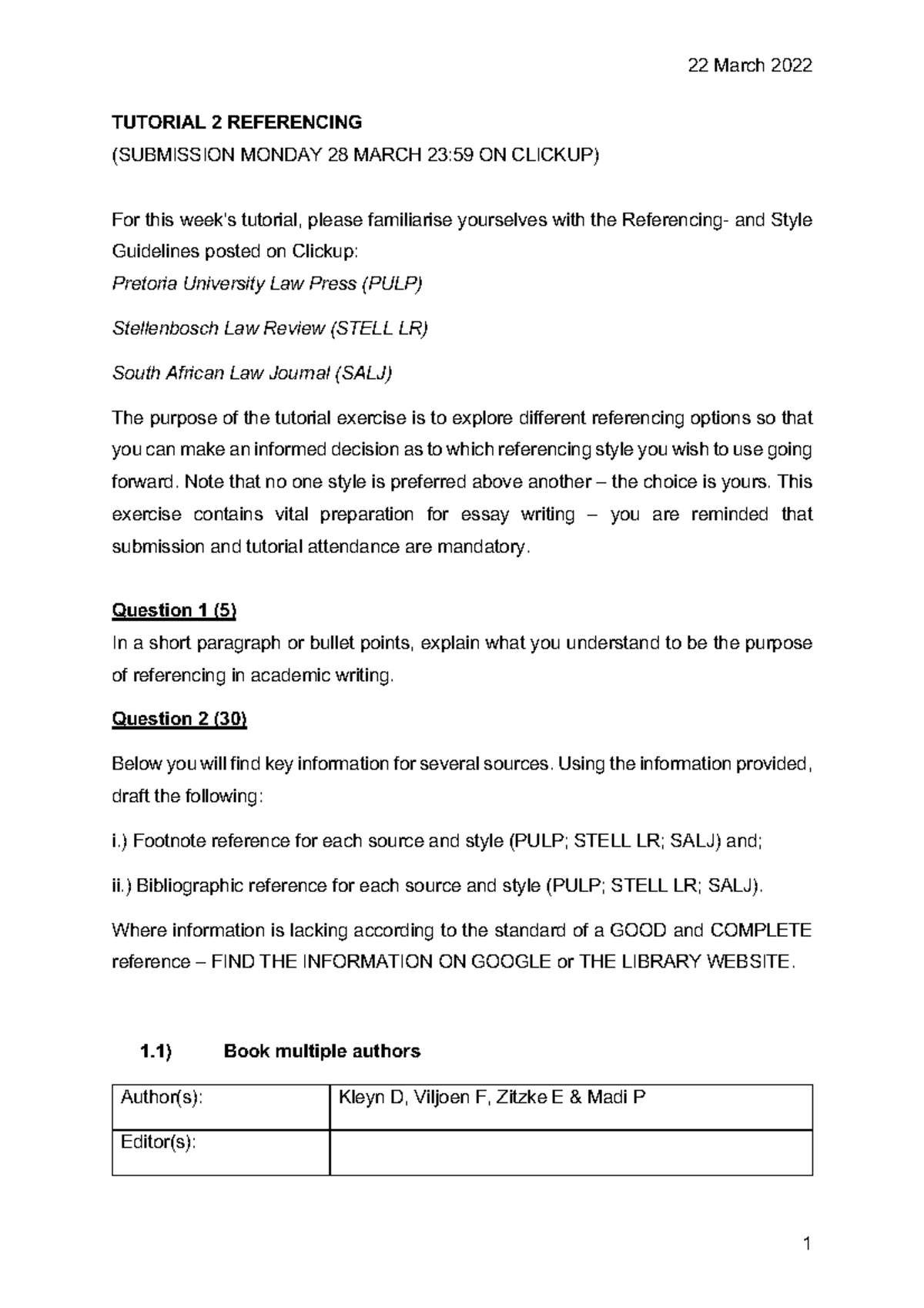 JUR 310 Tutorial 2 Referencing - TUTORIAL 2 REFERENCING (SUBMISSION ...