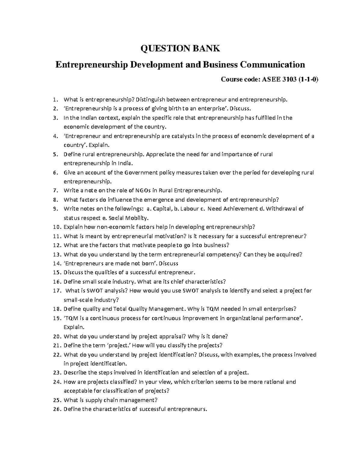 Entrepreneurship Questions - QUESTION BANK Entrepreneurship Development and Business ...