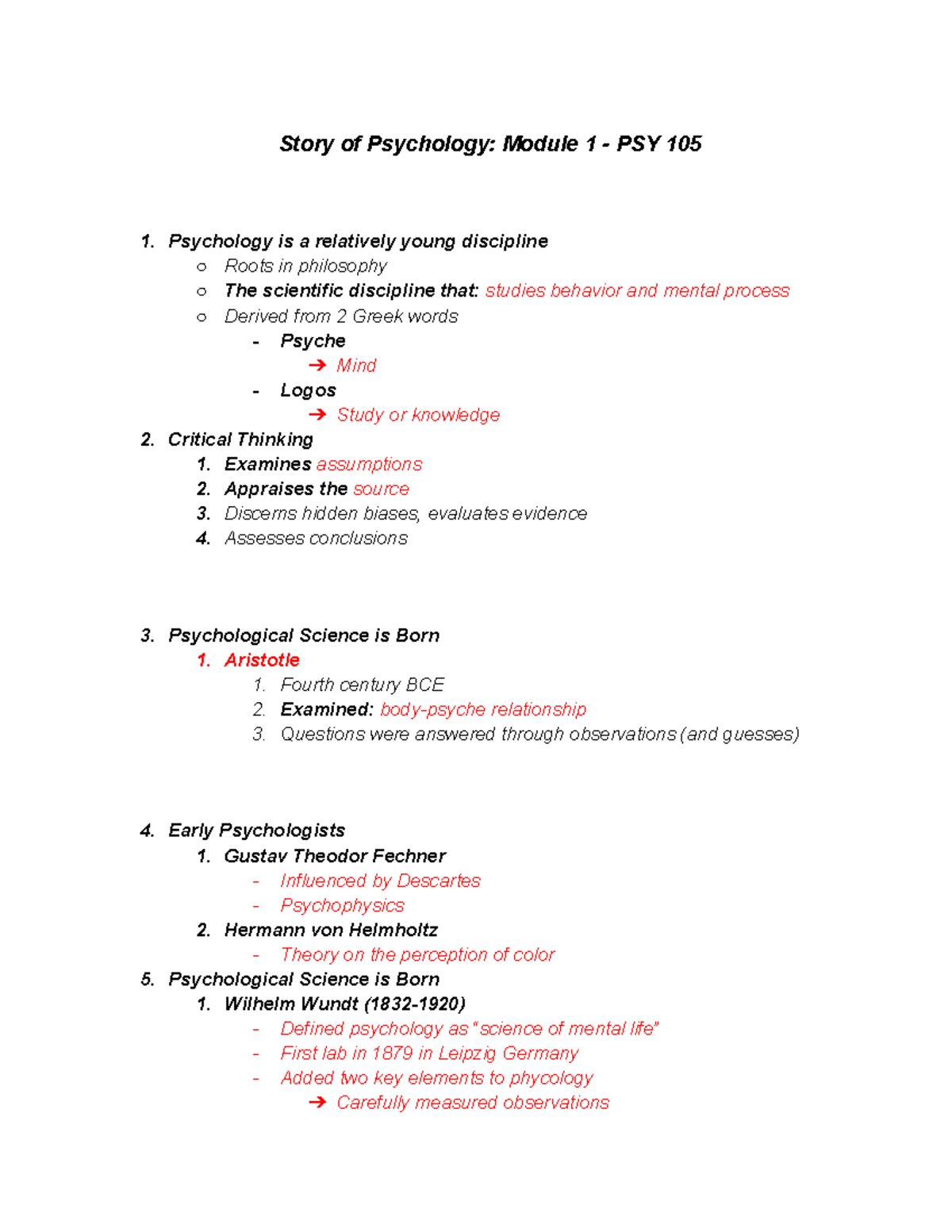 Psy 105 - Module 1 Notes - Story of Psychology: Module 1 - PSY 105 ...